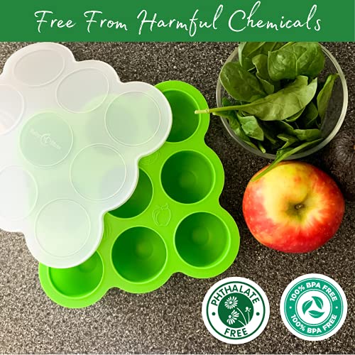 Silicone Baby Food Storage Container and Freezer Tray - Food-Grade Silicone Mold with Clip-On Lid - 9 x 2.5 Oz Easy Out Portions (Green)