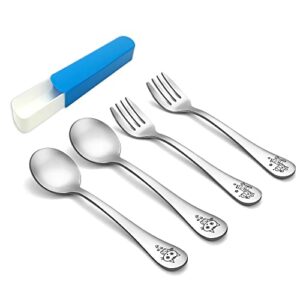 teamfar toddler kids preschoolers utensil flatware silverware set, pure stainless steel, non toxic & healthy, brushed surface, laser carved animal handle, set of 4, dishwasher safe