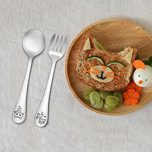 TeamFar Toddler Kids Preschoolers Utensil Flatware Silverware Set, Pure Stainless Steel, Non Toxic & Healthy, Brushed Surface, Laser Carved Animal Handle, Set of 4, Dishwasher Safe