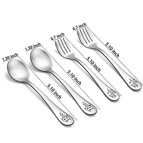 TeamFar Toddler Kids Preschoolers Utensil Flatware Silverware Set, Pure Stainless Steel, Non Toxic & Healthy, Brushed Surface, Laser Carved Animal Handle, Set of 4, Dishwasher Safe