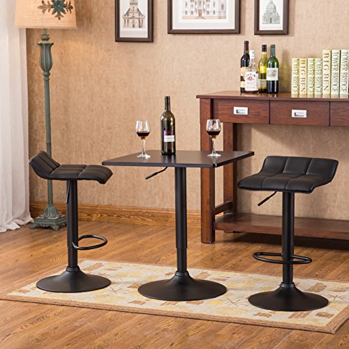 Roundhill Furniture Belham Black Square Top Adjustable Height with Black Leg and Base Metal Bar Table and 2 Swivel Black Bonded Leather Adjustable Bar Stool Bar Sets