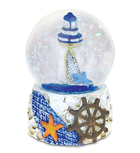 Puzzled Resin Seashell with Blue Lighthouse Snow Globe (65mm), 3.5 Inch Figurine Intricate & Meticulous Detailing Art Handcrafted Tabletop Centerpiece Accent Nautical Ocean Sea Life Theme Home Décor