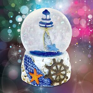 Puzzled Resin Seashell with Blue Lighthouse Snow Globe (65mm), 3.5 Inch Figurine Intricate & Meticulous Detailing Art Handcrafted Tabletop Centerpiece Accent Nautical Ocean Sea Life Theme Home Décor