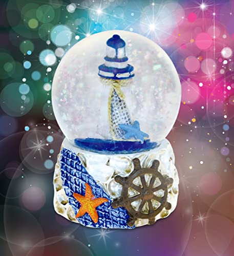 Puzzled Resin Seashell with Blue Lighthouse Snow Globe (65mm), 3.5 Inch Figurine Intricate & Meticulous Detailing Art Handcrafted Tabletop Centerpiece Accent Nautical Ocean Sea Life Theme Home Décor