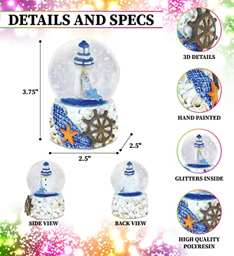 Puzzled Resin Seashell with Blue Lighthouse Snow Globe (65mm), 3.5 Inch Figurine Intricate & Meticulous Detailing Art Handcrafted Tabletop Centerpiece Accent Nautical Ocean Sea Life Theme Home Décor