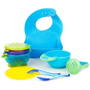 ryanlemon 8pcs silicone baby feeding set - baby led weaning supplies - baby mash and serve bowls with suction, silicone bib & heat senstive feeding spoons, blue