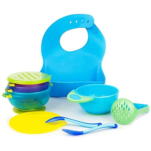 RyanLemon 8Pcs Silicone Baby Feeding Set - Baby Led Weaning Supplies - Baby Mash and Serve Bowls with Suction, Silicone Bib & Heat Senstive Feeding Spoons, Blue