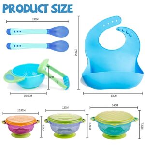 RyanLemon 8Pcs Silicone Baby Feeding Set - Baby Led Weaning Supplies - Baby Mash and Serve Bowls with Suction, Silicone Bib & Heat Senstive Feeding Spoons, Blue