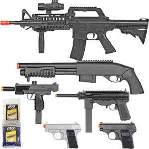 bbtac airsoft gun package - dark ops - collection of airsoft guns - powerful spring rifle, shotgun, two smg, mini pistols and bb pellets, great for starter pack game play