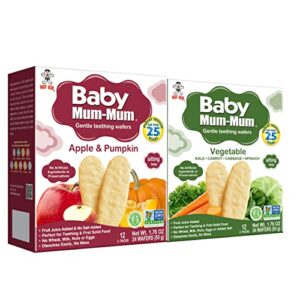 baby mum-mum rice rusks, 2 flavor variety pack, 24 pieces (pack of 4) 2 each: apple & pumpkin, vegetable gluten free, allergen free, non-gmo, rice teether cookie