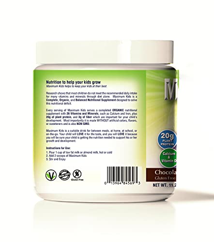 Maximum Kids Complete Organic Powder Mix. Great Tasting, Easy to use, Complete Nutritional Drink with 26 Vitamins and Minerals, 20g of Plant Protein, 3g of Fiber. Kid Tested. Parents Approved.