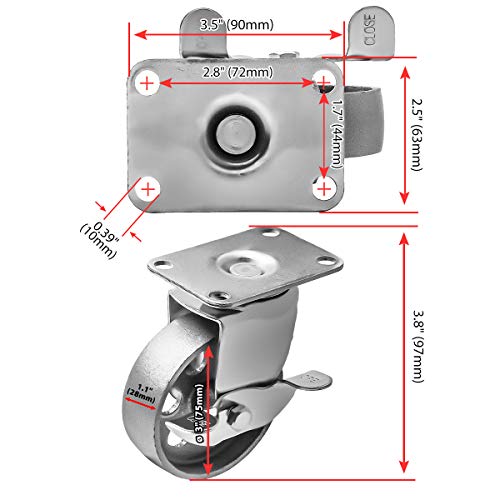 4 All Steel Swivel Plate Caster Wheels w Brake Lock Heavy Duty High-gauge Steel Gray (3" With Brake)