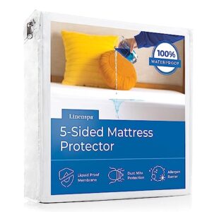 Linenspa Mattress Protector Queen - Five Sided Queen Mattress Protector Waterproof Mattress Cover – Soft Breathable Bed Protector - Fitted Sheet Style - Deep Pocket Up to 14”