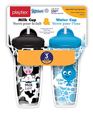 Playtex Sipsters Stage 3 Milk and Water Spill-Proof, Leak-Proof, Break-Proof Insulated Toddler Straw Sippy Cup Set, 9 Ounce - 2 Count