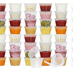 50 Pack BPA-Free Disposable Baby Food Freezer Storage Containers Hinged Lids (3 oz) Labels | Leak-Proof | Travel Snack Cups | Store Homemade, Organic Purees | Freezer Dishwasher Safe