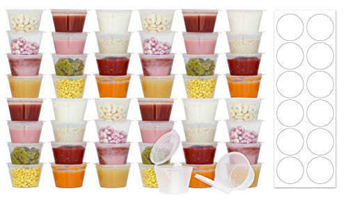 50 Pack BPA-Free Disposable Baby Food Freezer Storage Containers Hinged Lids (3 oz) Labels | Leak-Proof | Travel Snack Cups | Store Homemade, Organic Purees | Freezer Dishwasher Safe