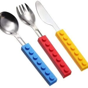 Toddler Utensils and Brick Toys - Set of 3 Interlocking Block Kids Silverware - Toddler Fork and Spoon Set with Toddler Knife for Kids - Non-BPA Kids Cutlery and Kid Safe Stainless Steel Silverware