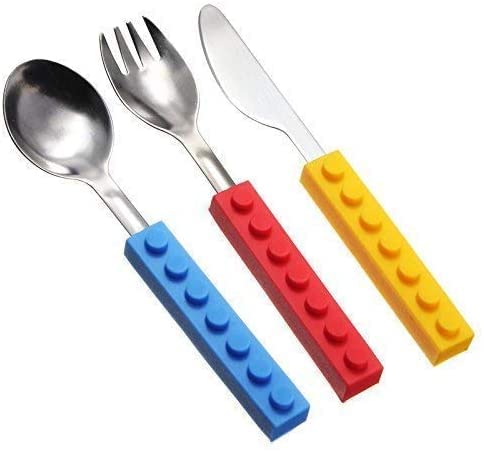 Toddler Utensils and Brick Toys - Set of 3 Interlocking Block Kids Silverware - Toddler Fork and Spoon Set with Toddler Knife for Kids - Non-BPA Kids Cutlery and Kid Safe Stainless Steel Silverware