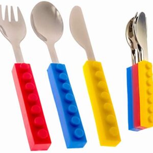 Toddler Utensils and Brick Toys - Set of 3 Interlocking Block Kids Silverware - Toddler Fork and Spoon Set with Toddler Knife for Kids - Non-BPA Kids Cutlery and Kid Safe Stainless Steel Silverware