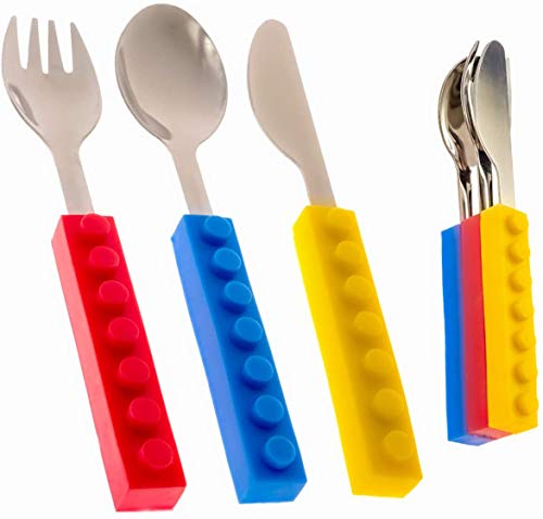 Toddler Utensils and Brick Toys - Set of 3 Interlocking Block Kids Silverware - Toddler Fork and Spoon Set with Toddler Knife for Kids - Non-BPA Kids Cutlery and Kid Safe Stainless Steel Silverware