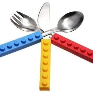 Toddler Utensils and Brick Toys - Set of 3 Interlocking Block Kids Silverware - Toddler Fork and Spoon Set with Toddler Knife for Kids - Non-BPA Kids Cutlery and Kid Safe Stainless Steel Silverware