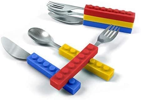 Toddler Utensils and Brick Toys - Set of 3 Interlocking Block Kids Silverware - Toddler Fork and Spoon Set with Toddler Knife for Kids - Non-BPA Kids Cutlery and Kid Safe Stainless Steel Silverware