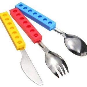 Toddler Utensils and Brick Toys - Set of 3 Interlocking Block Kids Silverware - Toddler Fork and Spoon Set with Toddler Knife for Kids - Non-BPA Kids Cutlery and Kid Safe Stainless Steel Silverware