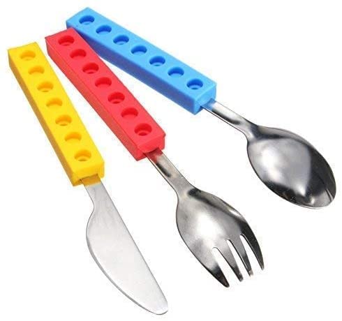 Toddler Utensils and Brick Toys - Set of 3 Interlocking Block Kids Silverware - Toddler Fork and Spoon Set with Toddler Knife for Kids - Non-BPA Kids Cutlery and Kid Safe Stainless Steel Silverware