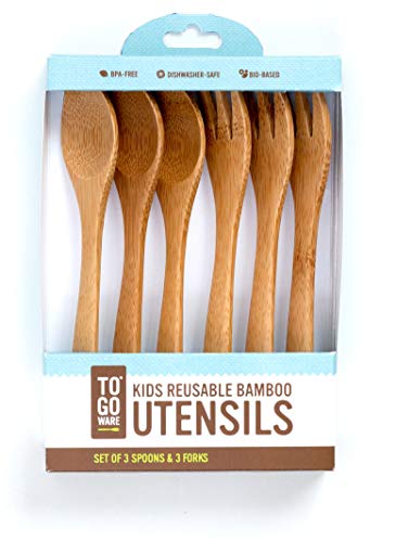 TO GO WARE Kid's Bamboo Reusable Utensils | Dishwasher-Safe | No BPA or Phthalate | Made from Durable, Sustainable Materials | Eco-Conscious | 3 Spoons, 3 Forks (Pack of 6)