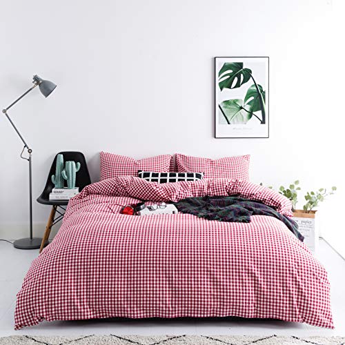 SUSYBAO Red Gingham Duvet Cover Queen 100% Washed Cotton Farmhouse Plaid Duvet Cover Set 3 Pcs 1 Minimalist Grid Patterned Duvet Cover with Zipper Ties 2 Pillowcases Soft Checkered Red Gingham Bedding