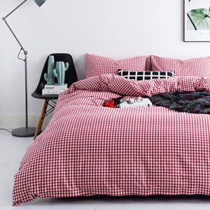 SUSYBAO Red Gingham Duvet Cover Queen 100% Washed Cotton Farmhouse Plaid Duvet Cover Set 3 Pcs 1 Minimalist Grid Patterned Duvet Cover with Zipper Ties 2 Pillowcases Soft Checkered Red Gingham Bedding