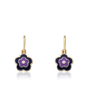 little miss twin stars kids earrings - 14k gold plated frosted flowers earrings 3 tone blue. lavender, & white enamel flower leverback girls earrings-brass