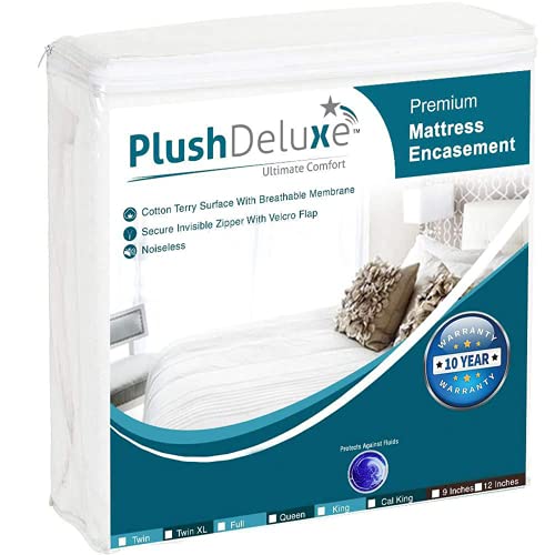 PlushDeluxe Premium Mattress Encasement - Zippered Waterproof BedCover, 6-Sided Protection - Hypoallergenic Terry Fabric - Protects Against Dust, Critters - [9-12"]Depth, Full Size Mattress Protector