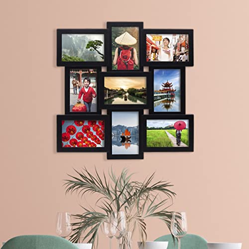 Melannco 18 x 18 Inch 9 Opening Photo Collage Frame, Displays Four 4x6 and Five 6x4 Inch Photos, Black