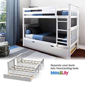 Max & Lily Bunk Bed, Twin-Over-Twin Wood Bed Frame For Kids With Trundle, White