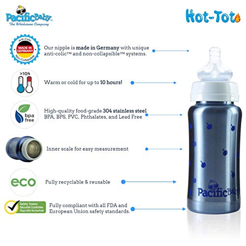 Pacific Baby Hot-Tot Insulated Stainless Steel Infant Baby Eco Feeding Bottle Anti-Colic Nipple 7 Ounce