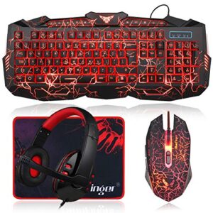 bluefinger gaming keyboard mouse headset combo,usb wired crack backlit keyboard,114 keys letters glow led keyboard,red led light headset for laptop pc computer work and game