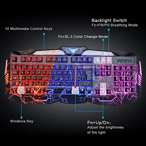 BlueFinger Gaming Keyboard Mouse Headset Combo,USB Wired Crack Backlit Keyboard,114 Keys Letters Glow LED Keyboard,Red LED Light Headset for Laptop PC Computer Work and Game