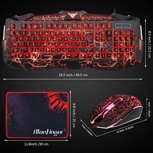 BlueFinger Gaming Keyboard Mouse Headset Combo,USB Wired Crack Backlit Keyboard,114 Keys Letters Glow LED Keyboard,Red LED Light Headset for Laptop PC Computer Work and Game