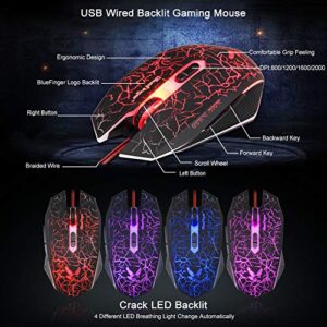 BlueFinger Gaming Keyboard Mouse Headset Combo,USB Wired Crack Backlit Keyboard,114 Keys Letters Glow LED Keyboard,Red LED Light Headset for Laptop PC Computer Work and Game