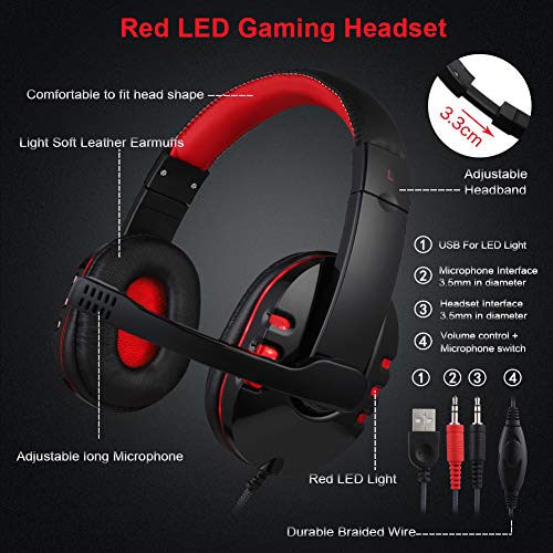 BlueFinger Gaming Keyboard Mouse Headset Combo,USB Wired Crack Backlit Keyboard,114 Keys Letters Glow LED Keyboard,Red LED Light Headset for Laptop PC Computer Work and Game