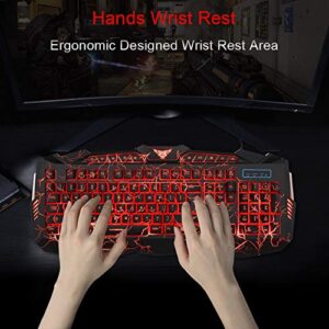 BlueFinger Gaming Keyboard Mouse Headset Combo,USB Wired Crack Backlit Keyboard,114 Keys Letters Glow LED Keyboard,Red LED Light Headset for Laptop PC Computer Work and Game