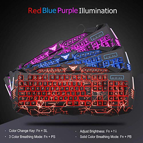 BlueFinger Gaming Keyboard Mouse Headset Combo,USB Wired Crack Backlit Keyboard,114 Keys Letters Glow LED Keyboard,Red LED Light Headset for Laptop PC Computer Work and Game