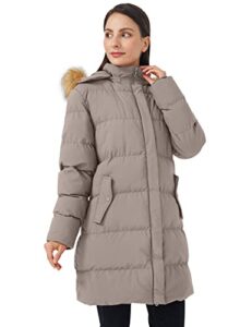 wenven women's winter thicken jacket with removable faux fur trim hood (khaki,m)