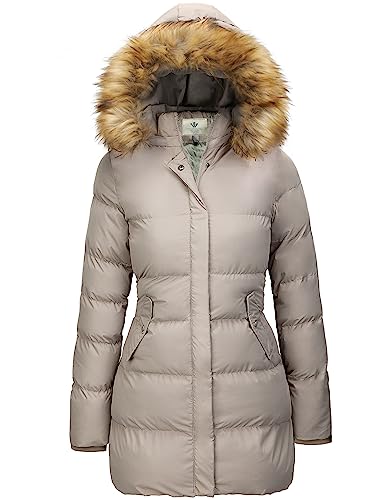 WenVen Women's Winter Thicken Jacket with Removable Faux Fur Trim Hood (Khaki,M)