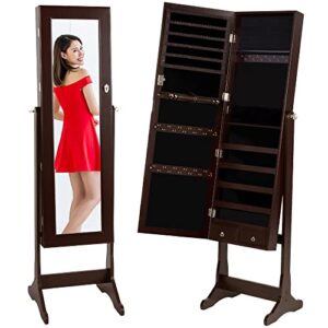 best choice products standing mirror armoire, lockable jewelry storage organizer cabinet w/velvet interior, 3 angle adjustments - brown