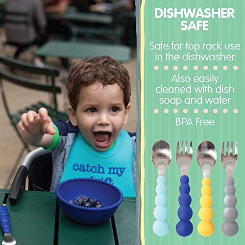 Chewbeads - Toddler Utensils Set - 4 Piece Baby, Kid or Toddler Silverware Set - Toddler Forks and Spoons Flatware - 100% Safe, BPA Free & Phthalate Free (Blue/Grey)