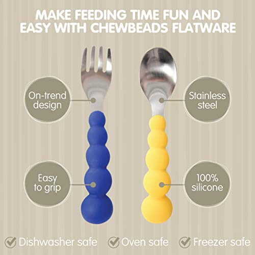 Chewbeads - Toddler Utensils Set - 4 Piece Baby, Kid or Toddler Silverware Set - Toddler Forks and Spoons Flatware - 100% Safe, BPA Free & Phthalate Free (Blue/Grey)