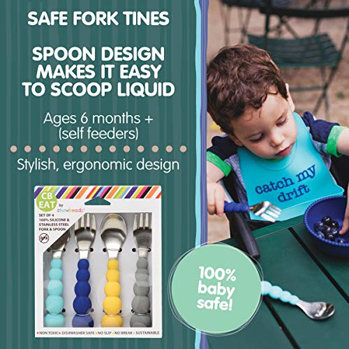 Chewbeads - Toddler Utensils Set - 4 Piece Baby, Kid or Toddler Silverware Set - Toddler Forks and Spoons Flatware - 100% Safe, BPA Free & Phthalate Free (Blue/Grey)