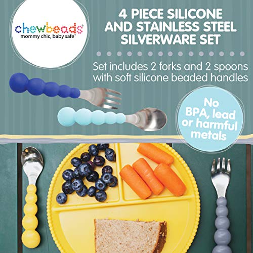 Chewbeads - Toddler Utensils Set - 4 Piece Baby, Kid or Toddler Silverware Set - Toddler Forks and Spoons Flatware - 100% Safe, BPA Free & Phthalate Free (Blue/Grey)